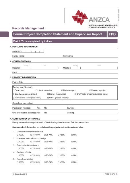 Formal Project Completion Form and Supervisors Report