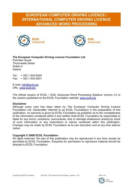 ECDL / ICDL Advanced Word Processing Syllabus Version 2.0 ECDL / ICDL Advanced Word Processing Syllabus Version 2.0