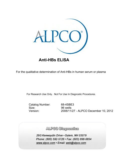 Anti-HBs ELISA - ALPCO Diagnostics