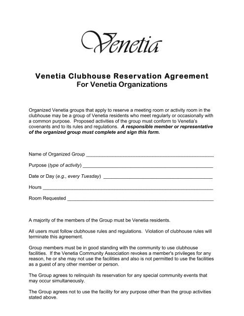 Venetia Clubhouse Reservation Agreement For Venetia Organizations