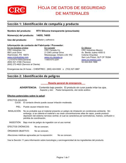 Hoja de datos de seguridad de materiales - CRC Industries