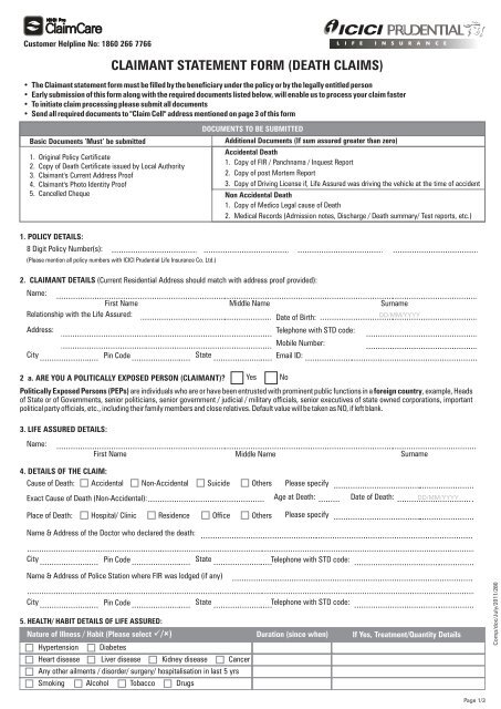 claimant statement form (death claims) - ICICI Prudential Life ...