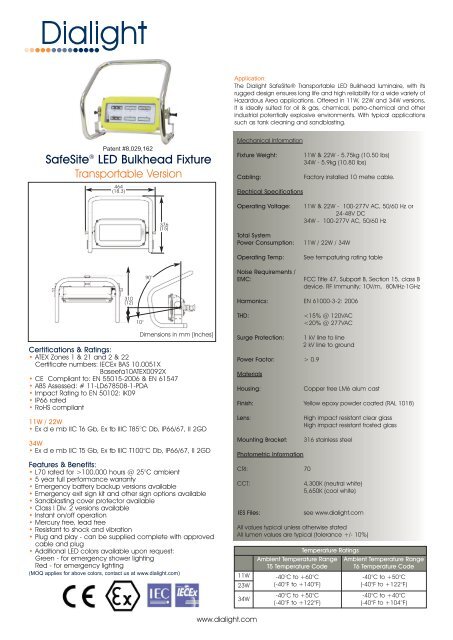 SafeSiteÂ® LED Transportable Bulkhead Datasheet - ATEX ... - Dialight