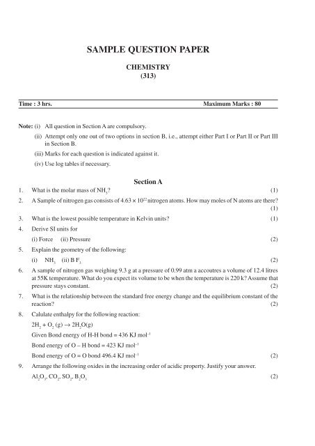 SAMPLE QUESTION PAPER CHEMISTRY