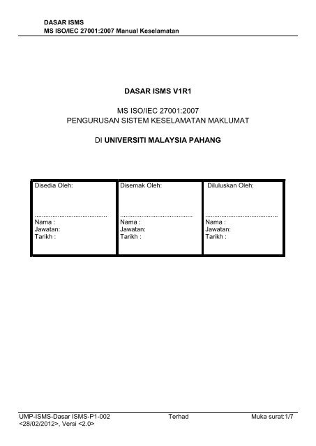 Dasar ISMS - Universiti Malaysia Pahang