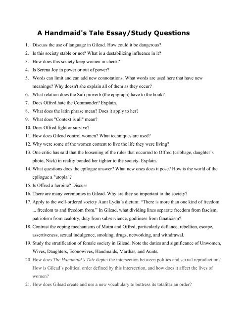 A Handmaid's Tale Essay/Study Questions - HenriksenEnglish