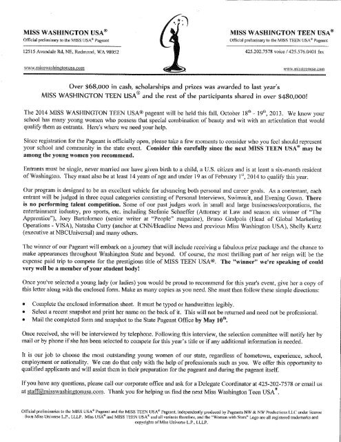 2014 Miss Washington Teen USA Pageant Application