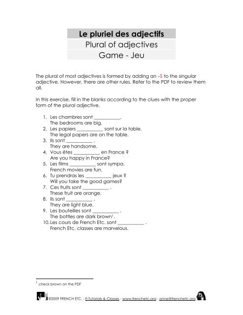 plural or adjectives game jeu pluriel adjectifs - French Etc
