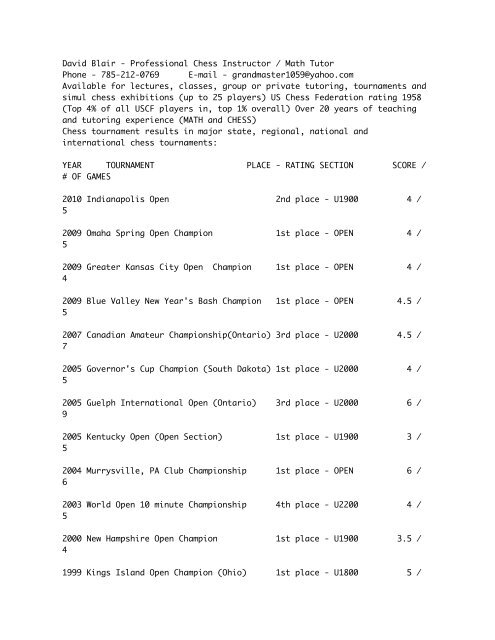 CHESS RESUME 2012 - UPDATE