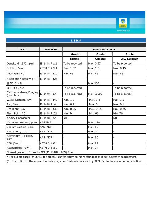L.S.H.S TEST METHOD SPECIFICATION Grade ... - Bharat Petroleum