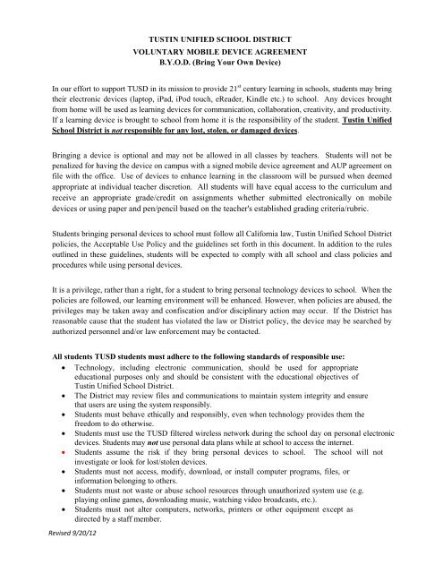 BYOD (Bring Your Own Device) Agreement Form - Tustin Unified ...