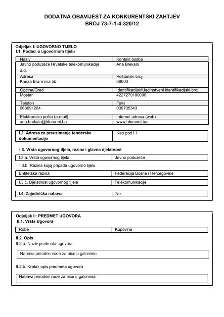 DODATNA OBAVIJEST ZA KONKURENTSKI ZAHTJEV ... - HT Eronet