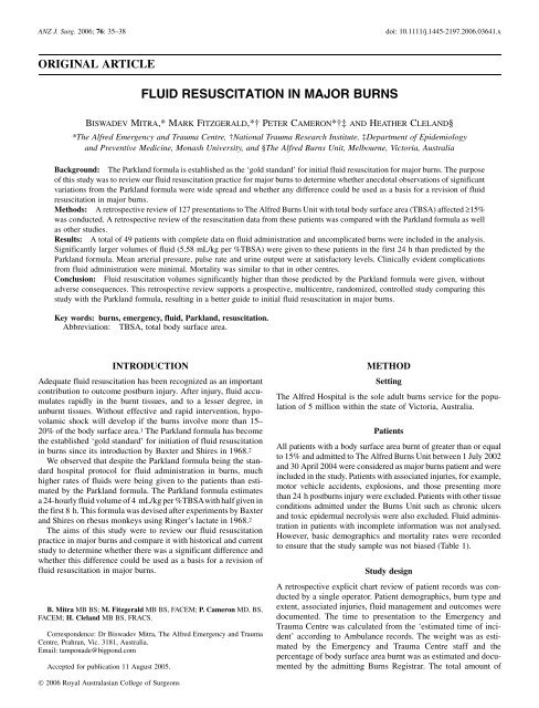 Fluid resuscitation in major burns - bayside health - Alfred Hospital
