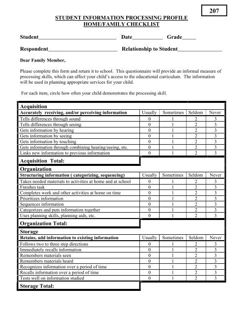 TEACHER CHECKLIST FOR INFORMATION PROCESSING