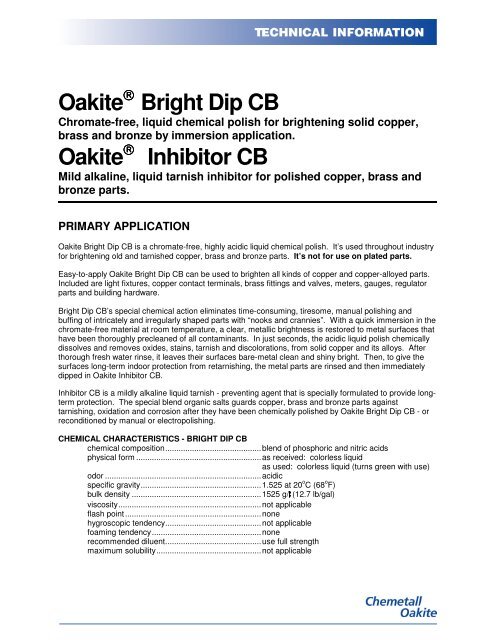 OakiteÂ® Bright Dip CB OakiteÂ® Inhibitor CB - Super Kleen Direct
