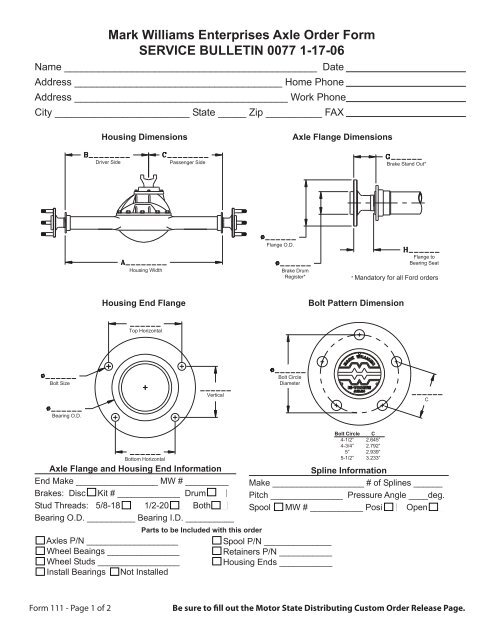 Custom Axle Order Form - Motor State Distributing