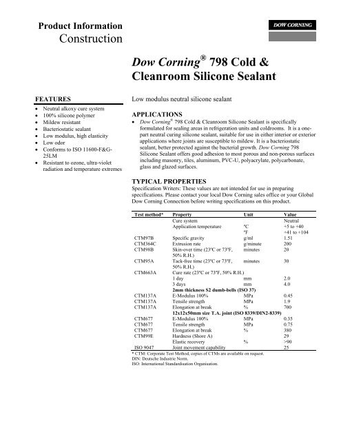 Dow CorningÂ® 798 Cold & Cleanroom Silicone Sealant - Geocel