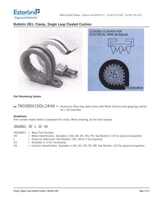 Bulletin 281: Clamp, Single Loop Cleated Cushion - Esterline