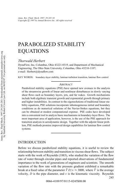 PARABOLIZED STABILITY EQUATIONS - Stanford University