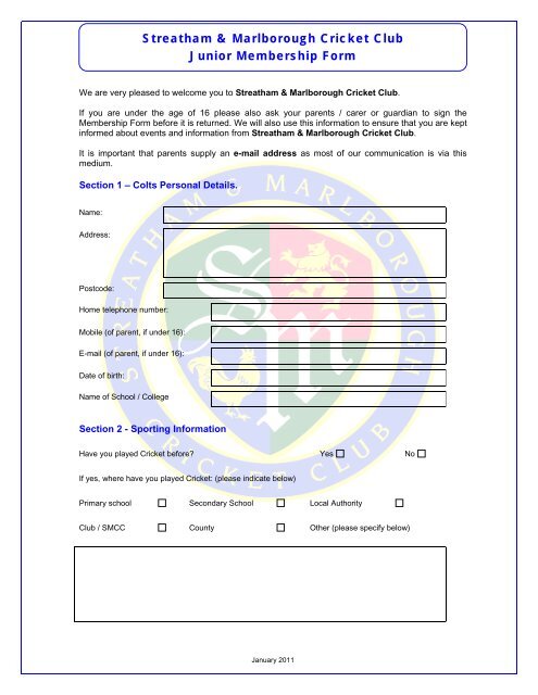 Streatham & Marlborough Cricket Club Junior Membership Form