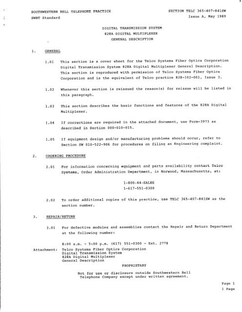 SOUTHWESTERN BELL TELEPHONE PRACTICE SWBT Standard ...