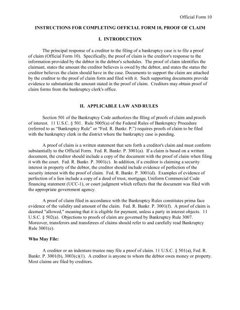 instructions for completing official form 10, proof of claim