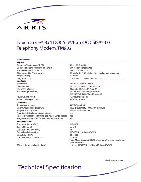 Touchstone 8x4 DOCSIS/EuroDOCSIS 3.0 Telephony Modem ... - Arris