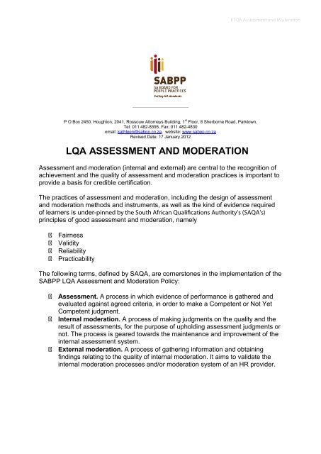 LQA ASSESSMENT AND MODERATION - SABPP