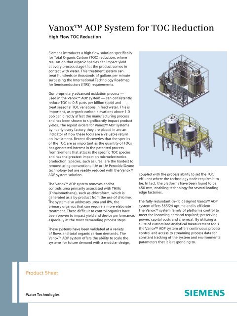 Vanox AOP System Data Sheet - Siemens Water Technologies