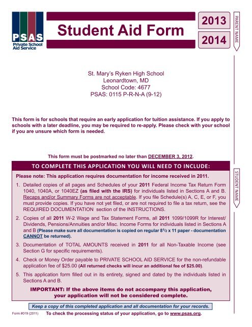 Download PSAS Application in PDF Form - St. Mary's Ryken High ...
