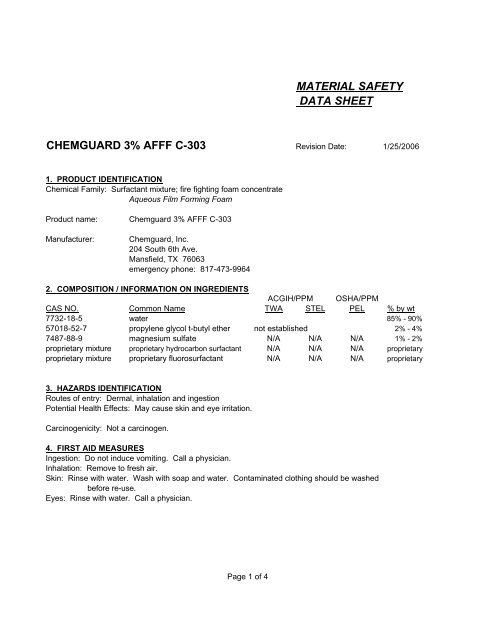 material safety data sheet chemguard 3% afff c-303 - Chemguard Inc.