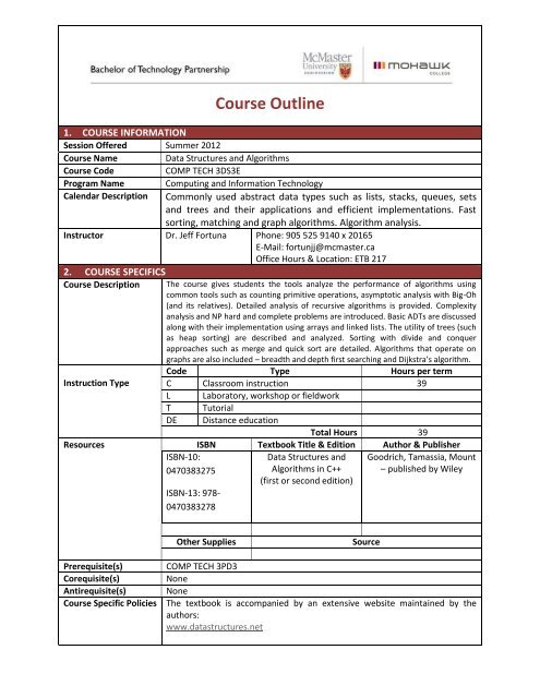 Comptech 3ds3 Data Structures And Algorithms Mcmaster Mohawk
