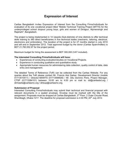 Expression of Interest - Caritas Bangladesh