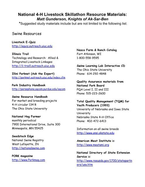 National 4-H Livestock Skillathon Resource Materials