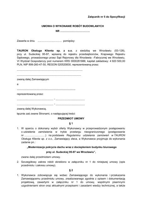 ZaÅ Ä cznik nr 5 do Specyfikacji UMOWA O WYKONANIE ... - Tauron