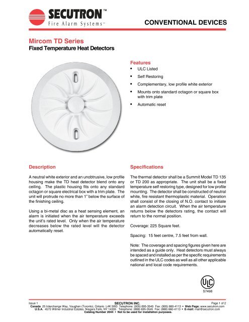 CONVENTIONAL DEVICES Mircom TD Series - Secutron