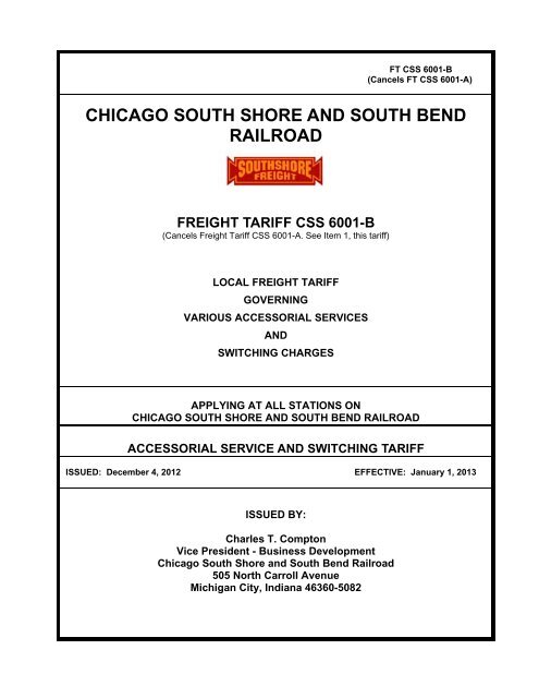 Tariff CSS 6001-B - Chicago SouthShore and South Bend Railroad