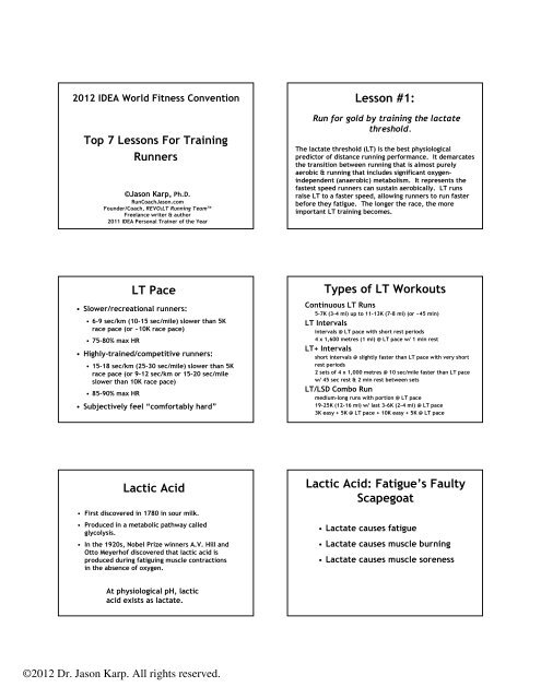 Lesson #1: LT Pace Types of LT Workouts Lactic Acid Lactic ... - Idea