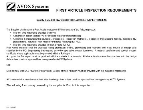 FIRST ARTICLE INSPECTION REQUIREMENTS - AVOX Systems, Inc.