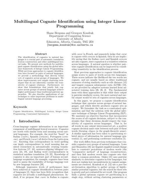 Multilingual Cognate Identification Using Integer Linear Programming