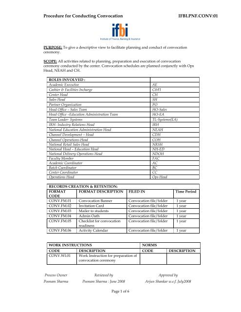 Procedure for Conducting Convocation IFBI.PNF.CONV:01 - IFBI.com