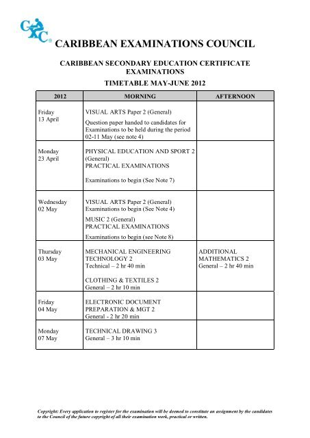 May-June 2012 Final Timetable - Caribbean Examinations Council