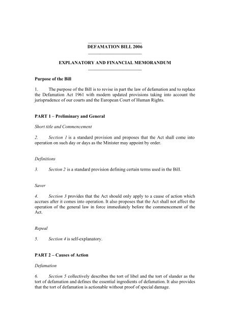 Defamation Bill 2006 Explanatory and Financial Memorandum (PDF ...