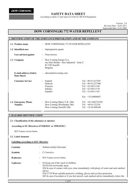 SAFETY DATA SHEET DOW CORNING(R) 772 WATER REPELLENT