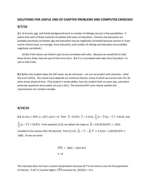 solutions for useful end of chapter problems and computer exercises ...