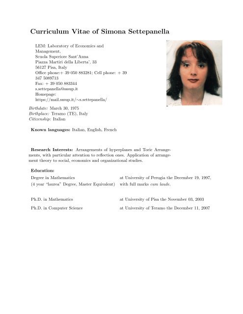 Curriculum Vitae of Simona Settepanella - Scuola Superiore Sant ...