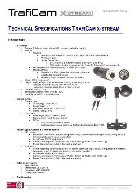 technical specifications traficam x-stream - Traficon