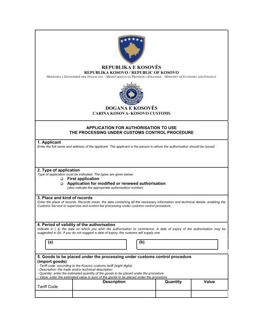 Application form for Processing under Customs Control - Dogana e ...