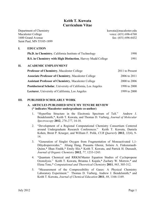 Keith T. Kuwata Curriculum Vitae - Macalester College