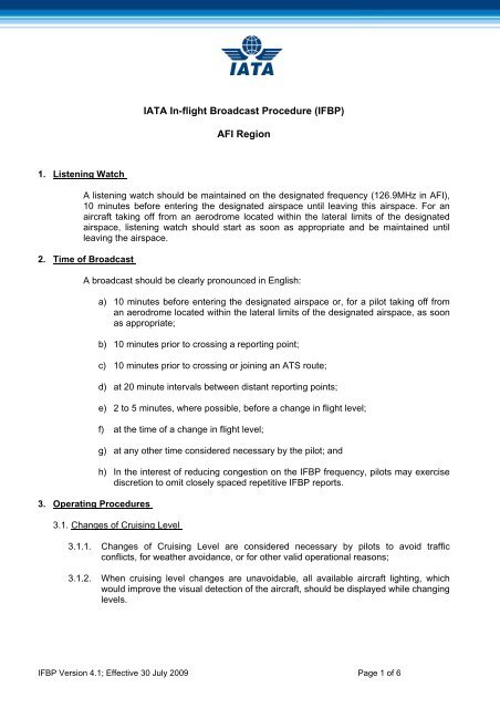 IATA In-flight Broadcast Procedure (IFBP) AFI Region - World Air Ops
